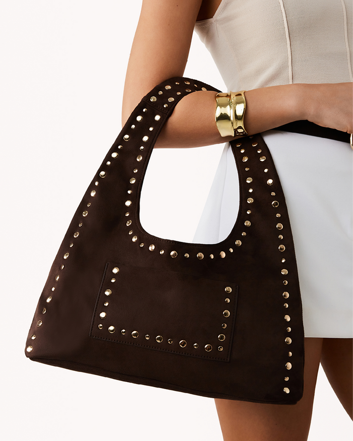 NOAH SHOULDER BAG - DARK CACAO SUEDE-GOLD - Handbags - Billini